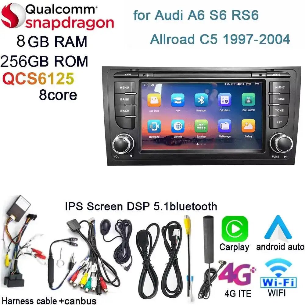 Автомагнитола Android с CarPlay и 4 выходами для Audi A6 S6 C5 RS6 Allroad Qualcomm6125-8-256