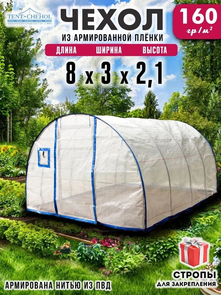 Чехол на теплицу 3х8 м, чехол на парник (2 двери, 2 форточки) из армированной плёнки 160 г/кв. м. с УФ-защитой.