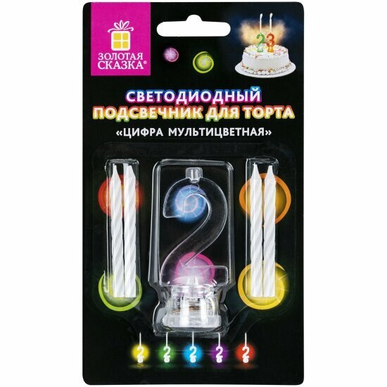 Цифра-подсвечник Золотая Сказка 2 светодиодная, , в наборе 4 свечи 6 см, 1 батарейка