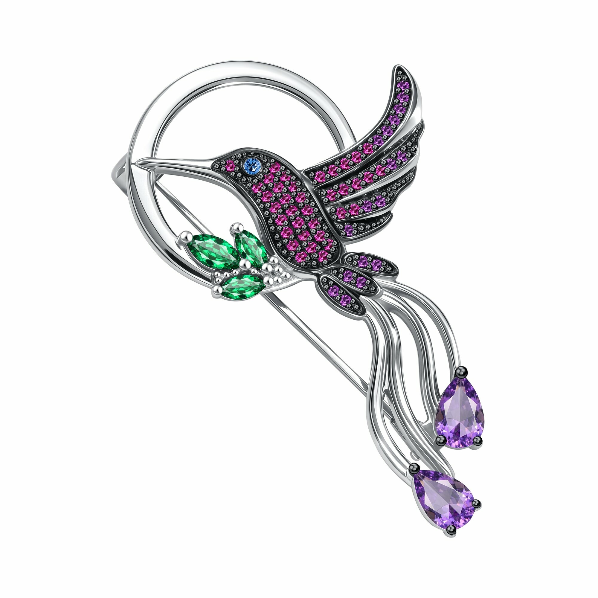 Брошь Diamant online, серебро, 925 проба, родирование, аметист, фианит