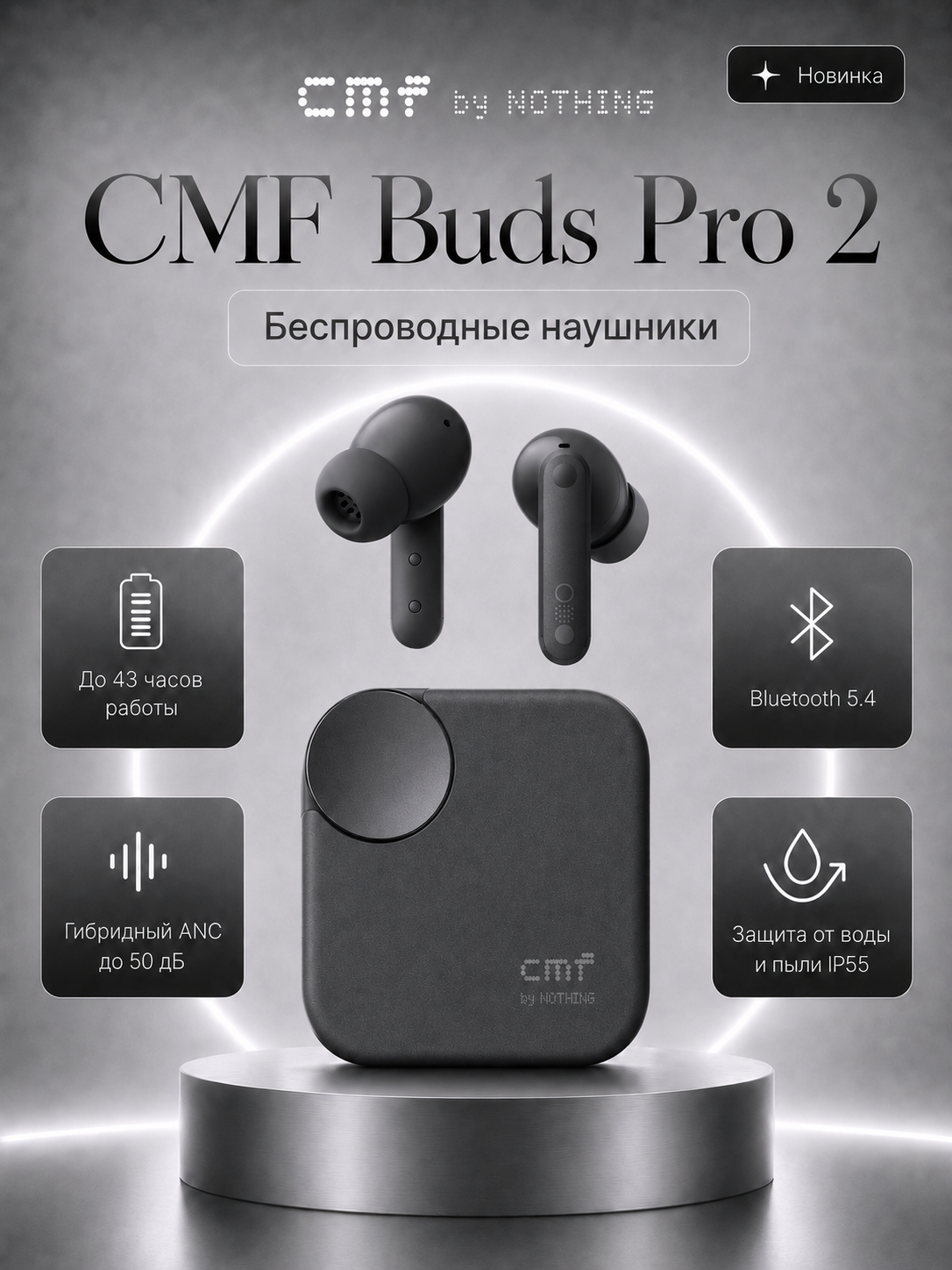 Беспроводная Bluetooth-гарнитура Nothing CMF Buds Pro 2 с микрофоном, шумоподавлением, темно-серый