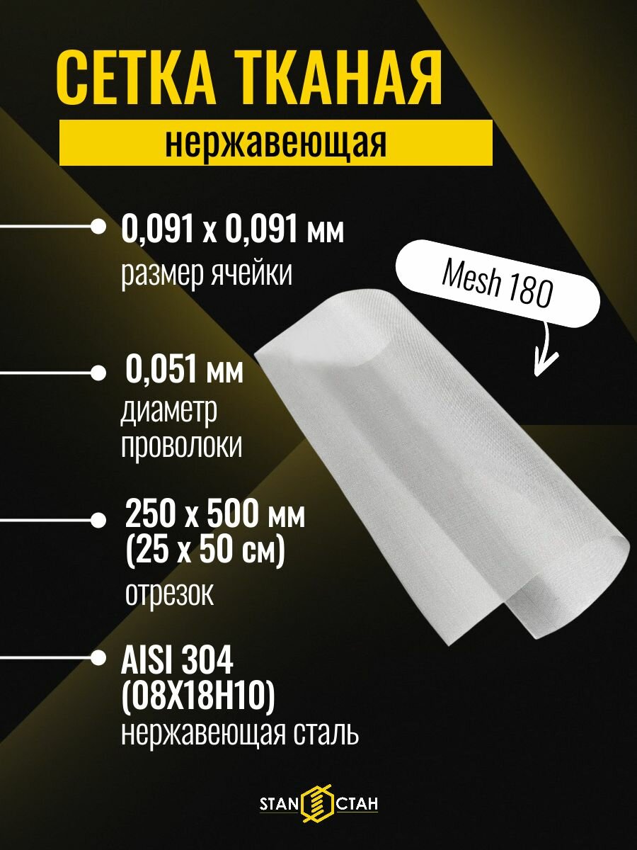 Сетка нержавеющая мелкая 180 mesh, яч. 0,091 мм, фильтровая отрез 1000x1000 мм, AISI 304
