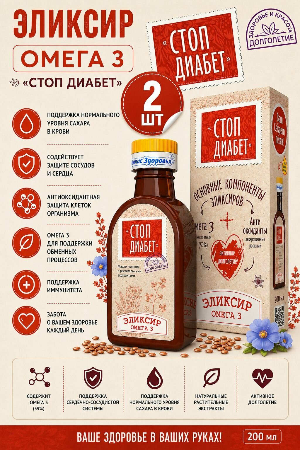 Эликсир Стоп Диабет, масло льняное с добавками, 2 шт по 200 мл. Компас Здоровья