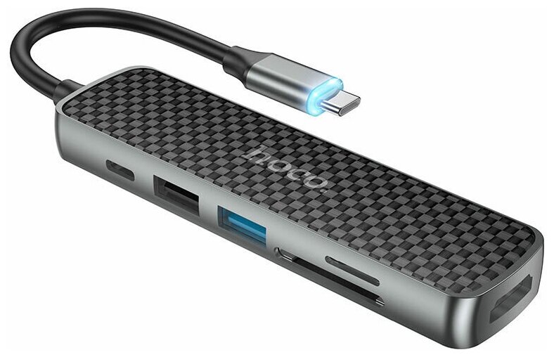Многофункциональный Type-C хаб Hoco HB24 Easy display HDMI + USB3.0 + USB2.0 + SD + TF + PD, черный с серым