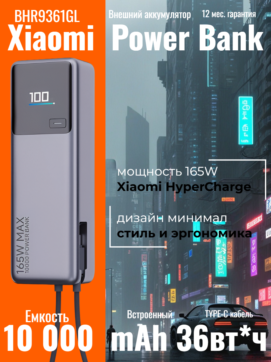 Аккумулятор Xiaomi BHR9361GL емкостью 10000 мАч мощностью 165 Вт в цвете Space gray, эксклюзивное годовое гарантийное обслуживание прилагается.