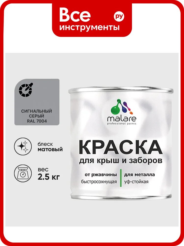 Краска по металлу MALARE для крыш и заборов, по ржавчине, быстросохнущая, износостойкая, матовая, сигнальный серый, 2,5 кг КМЗ7004М0250