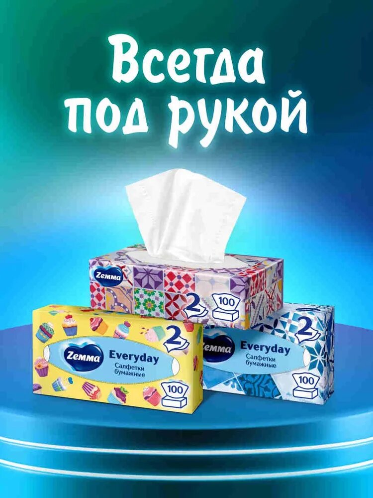 Салфетки бумажные в коробке Zemma Everyday, 2 слоя, набор, 3 х 100 шт.