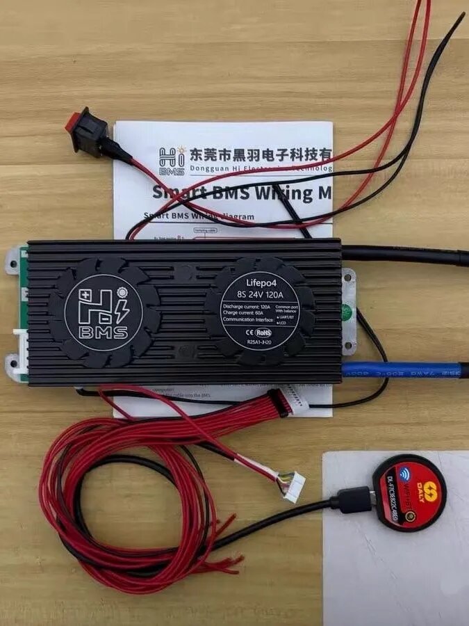 Система управления батареями LiFePO4 BMS 24V 8S 120A Smart Hi BMS с балансировочными проводами и беспроводным модулем для литий-железо-фосфатных батарей, балансировочные провода и Wi-Fi.