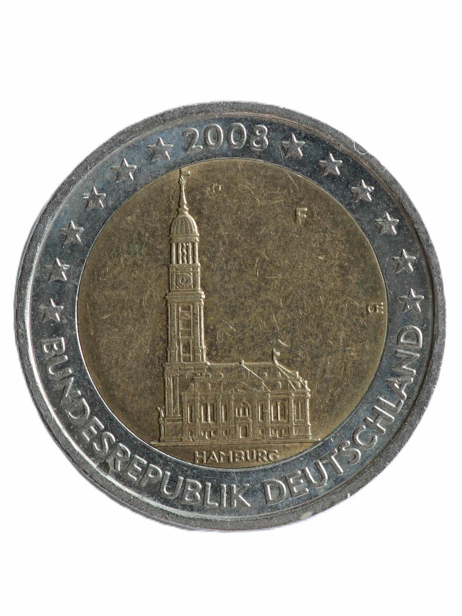 Подлинная монета Германии 2 евро 2008 года Церковь св. Михаила, Гамбург
