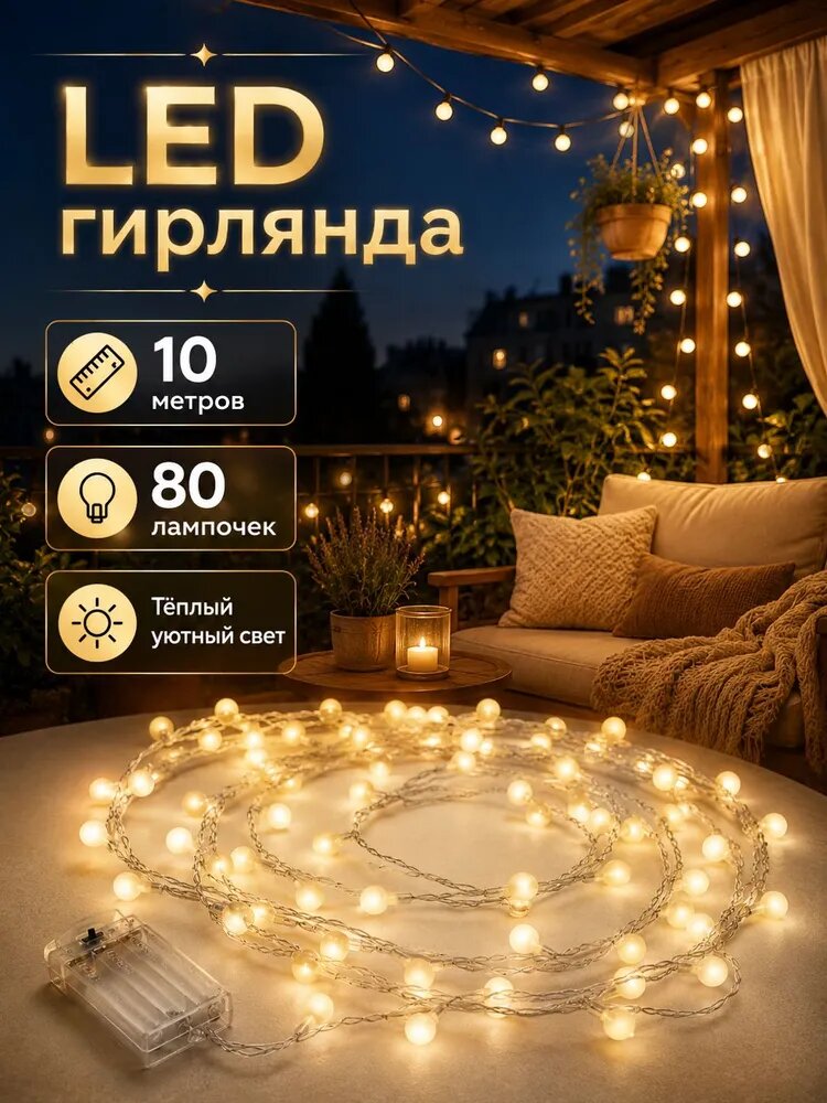 Электрогирлянда интерьерная Шарики Светодиодная 80 ламп, 10 м, питание AA, 1 шт