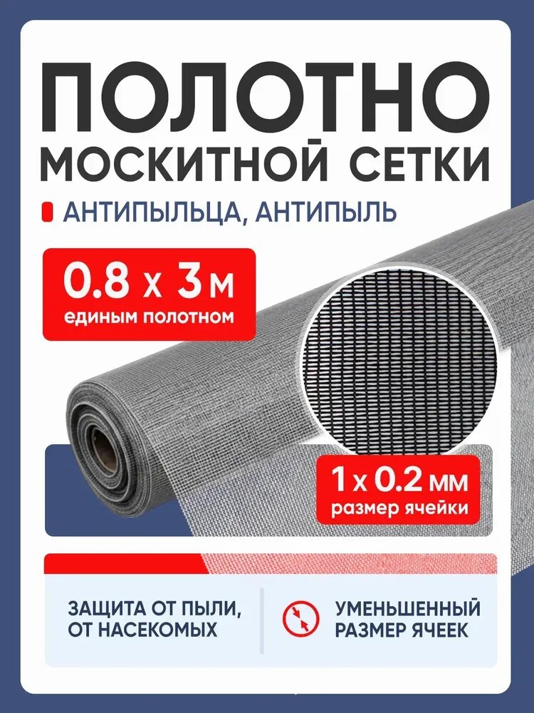 Москитная сетка антипыльца на окна 3м х 0,8 м от пыли, пыльцы, мошек, комаров, мух, насекомых. Ремкомплект для замены антимоскитной сетки.