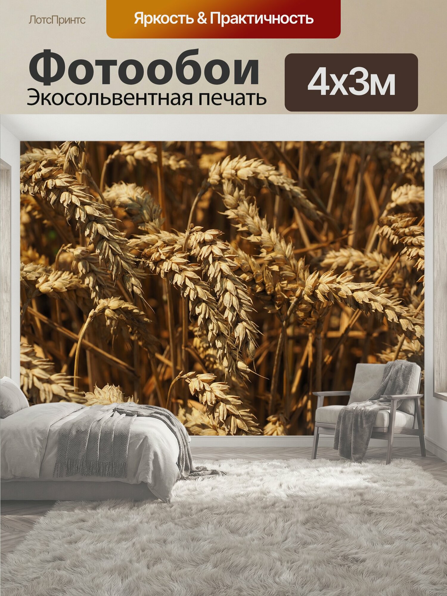 Фотообои "Пшеничный колос, пшеница, шип" 400x300 см. экосольвентная печать