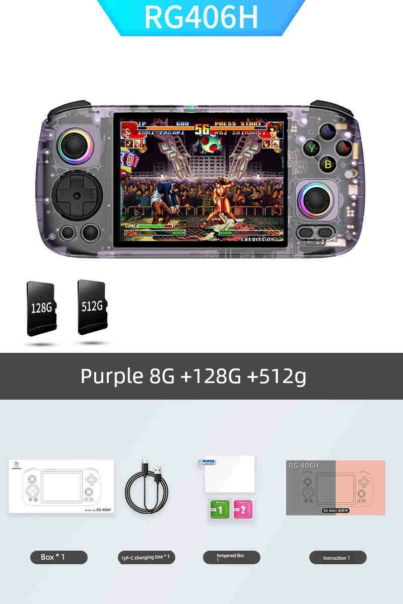 Anbernic RG406H Android портативная игровая консоль, 8 ГБ + 128 ГБ, 512 ГБ microSD, фиолетовая прозрачная, с полным