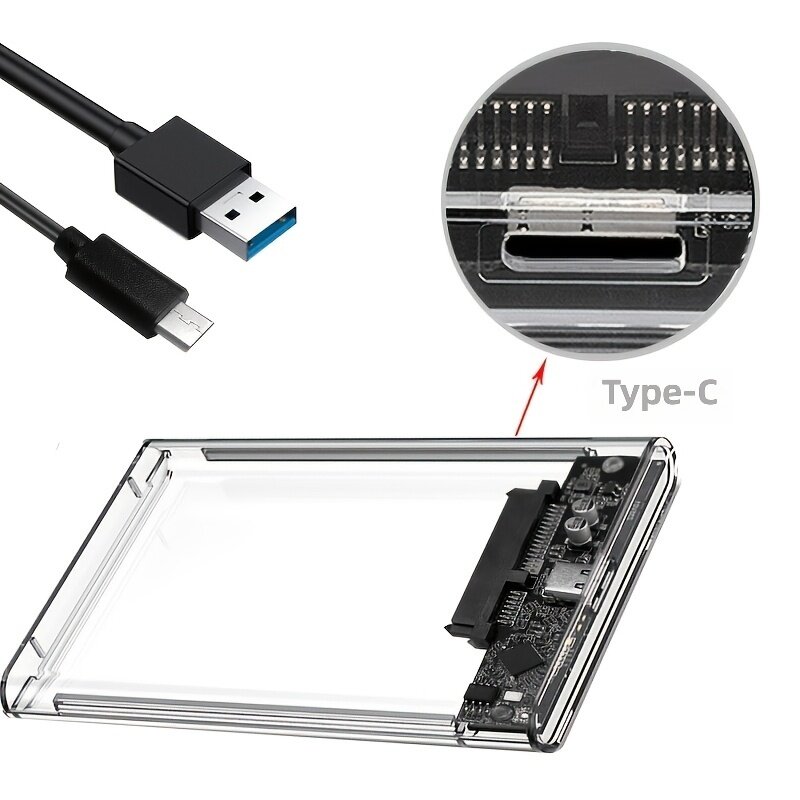 Внешний прозрачный корпус для 2.5-дюймового SATA HDD/SSD, USB 3.1 Type-C, поддержка до 4 ТБ, без инструментов, Plug and Play