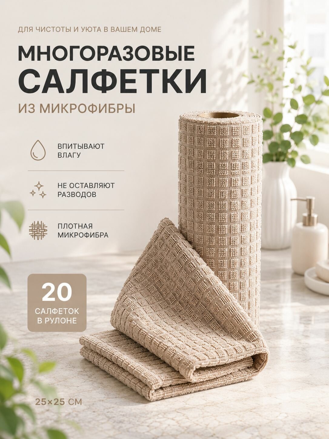 Салфетки протирочные в рулоне 25 25 см, Т20 шт отрывные, антибактериальные, тряпки для кухни, микрофибра, без ворса, многоразовые, для дома, кухни и автомобиля
