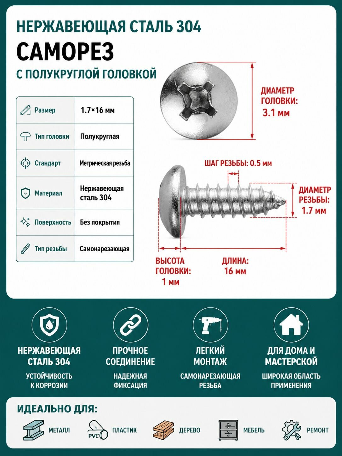 Саморезы 1.7 x 16 мм 100 шт. 0.1 кг. мелкие саморезы универсальные