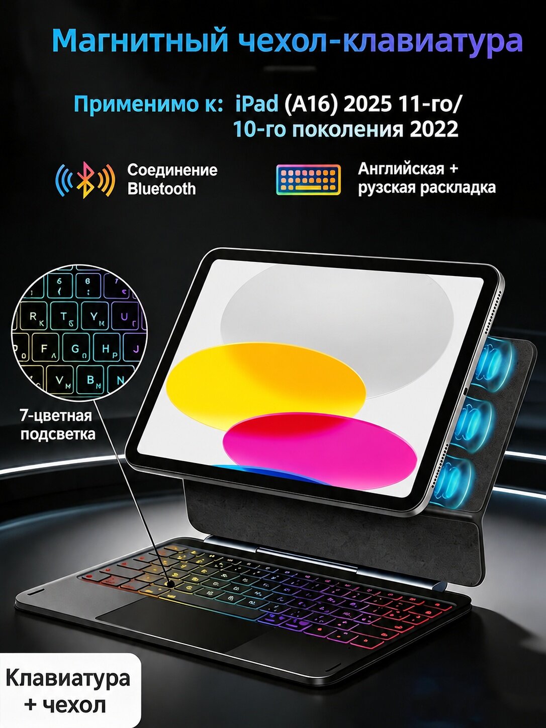 Клавиатура на русском к IPad 11 2025 Сумма IPad10 2022 Magic Keyboard с подсветкой и сенсорной