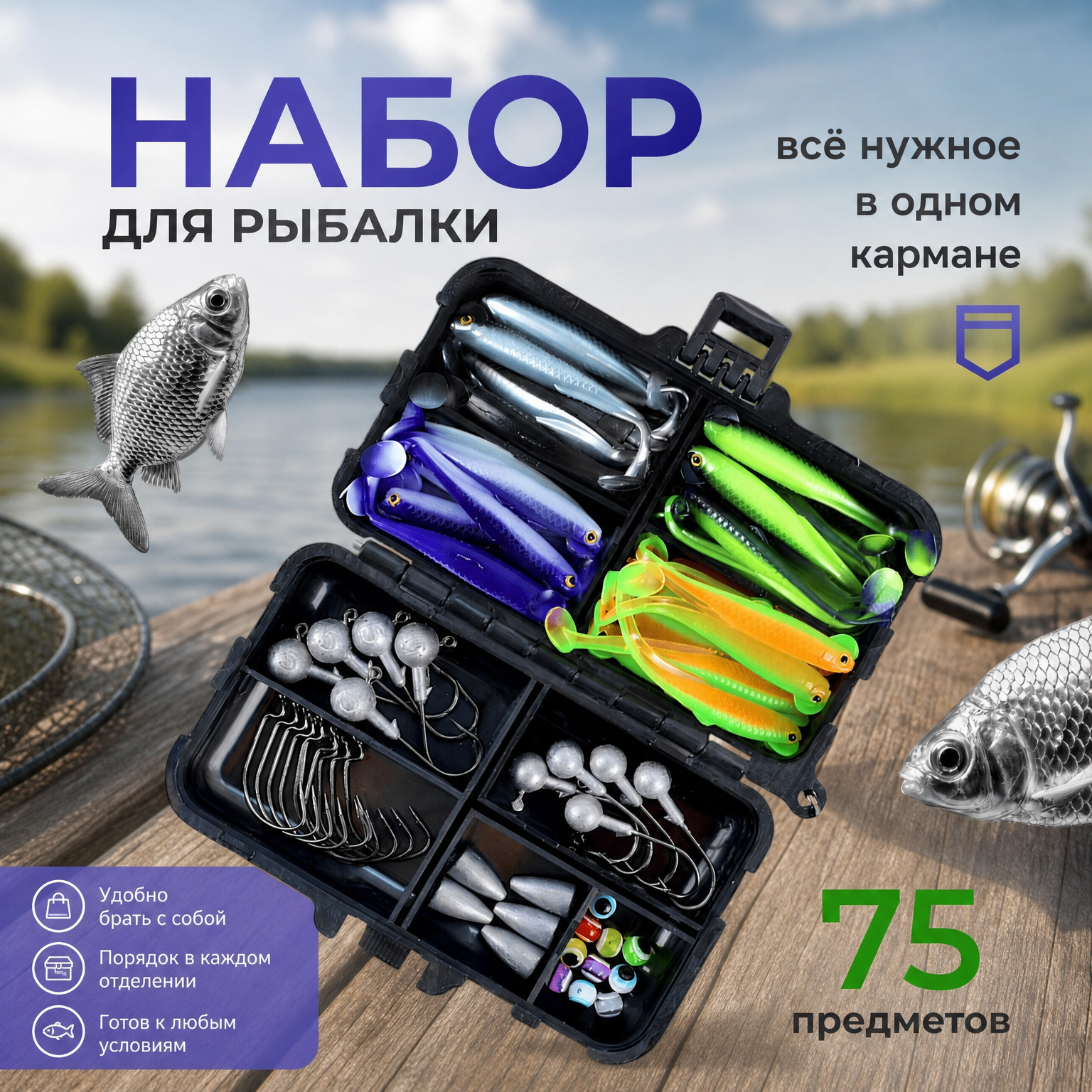 Компактный набор для рыбалки, силиконовые приманки и рыболовные снасти, 75 предметов (Всё нужное для рыбалки в одной компактной коробке)