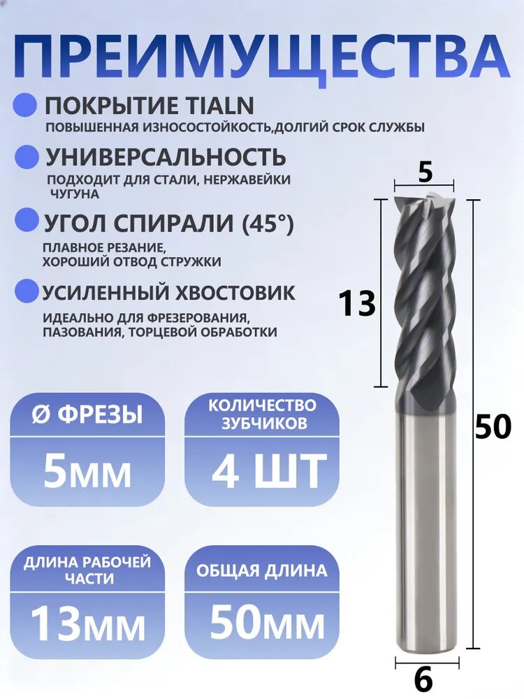 ZCC-CT Фреза концевая GM-4E-D5.0 твердосплавная 4 зуба, для стали, нержавейки, чугуна