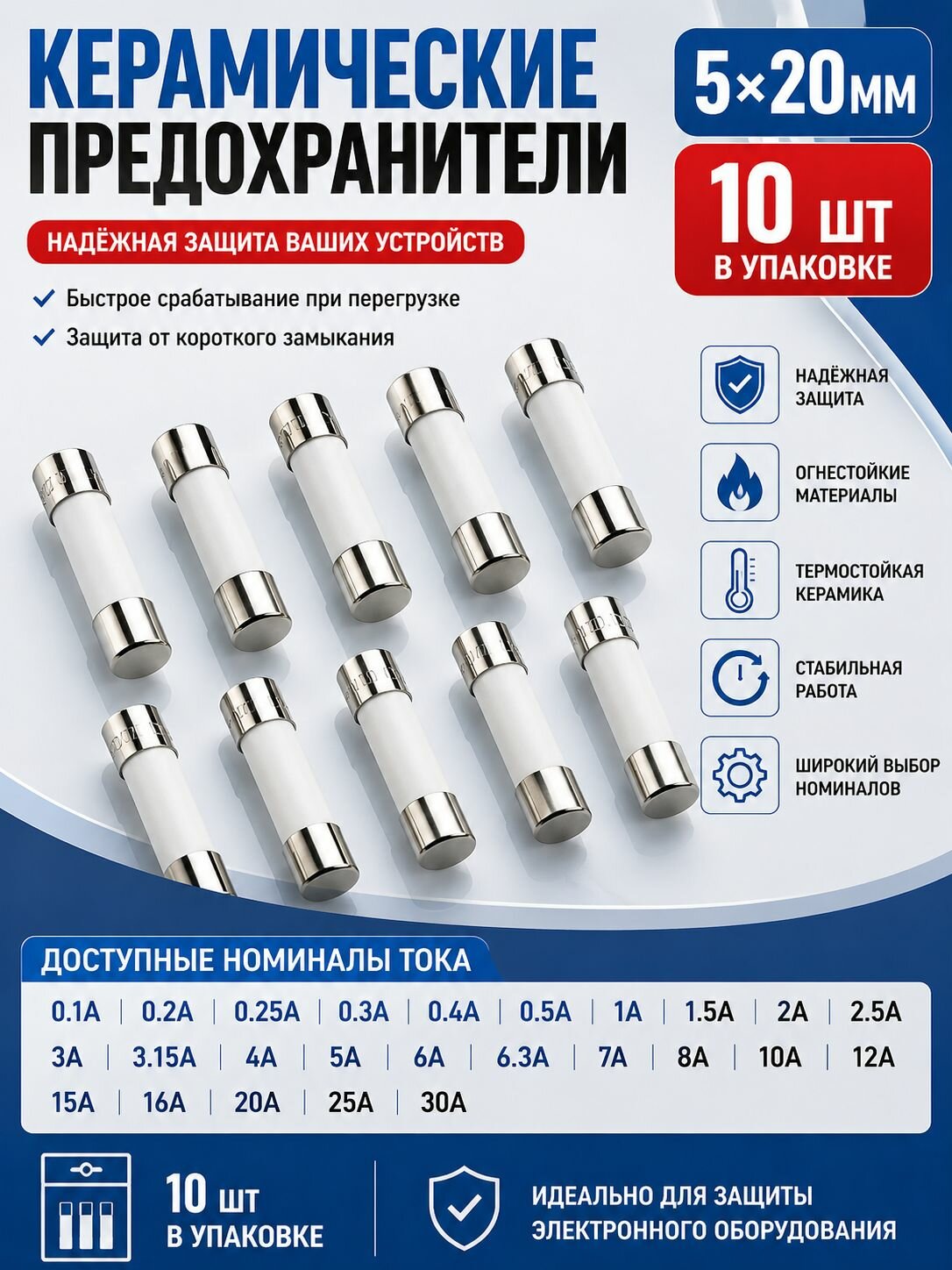 Предохранитель керамический 5х20мм 10A 250В, быстродействующий F10AL250V для бытовых приборов, СВЧ/микроволновки, автомобилей, 10шт быстродействующий керамический предохранитель 5х20 10A 250V для СВЧ и автомобилей предохранитель для микрово