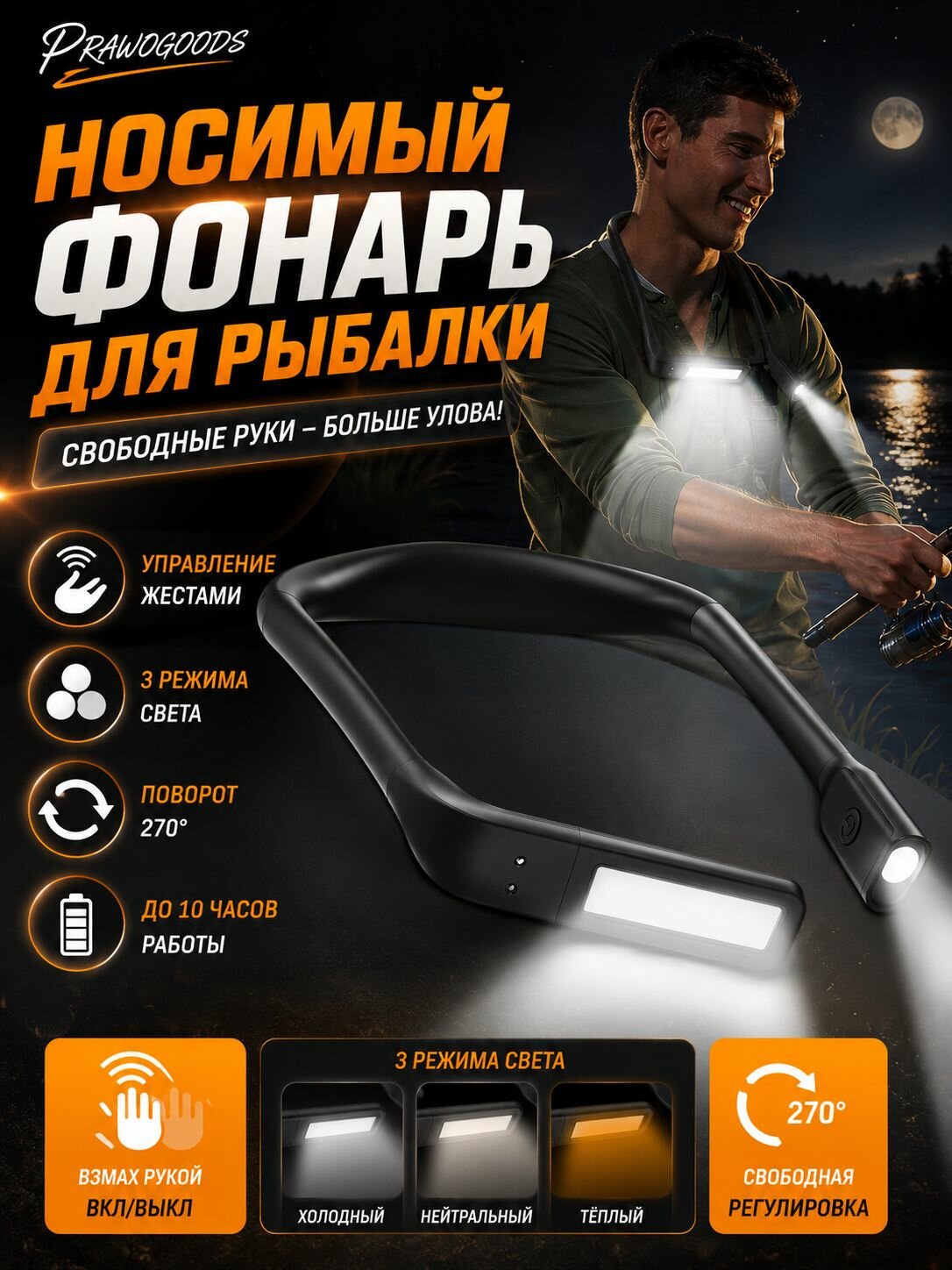 Фонарик для вязания на шею / Носимый фонарь для рыбалки, чёрный, с управлением жестами