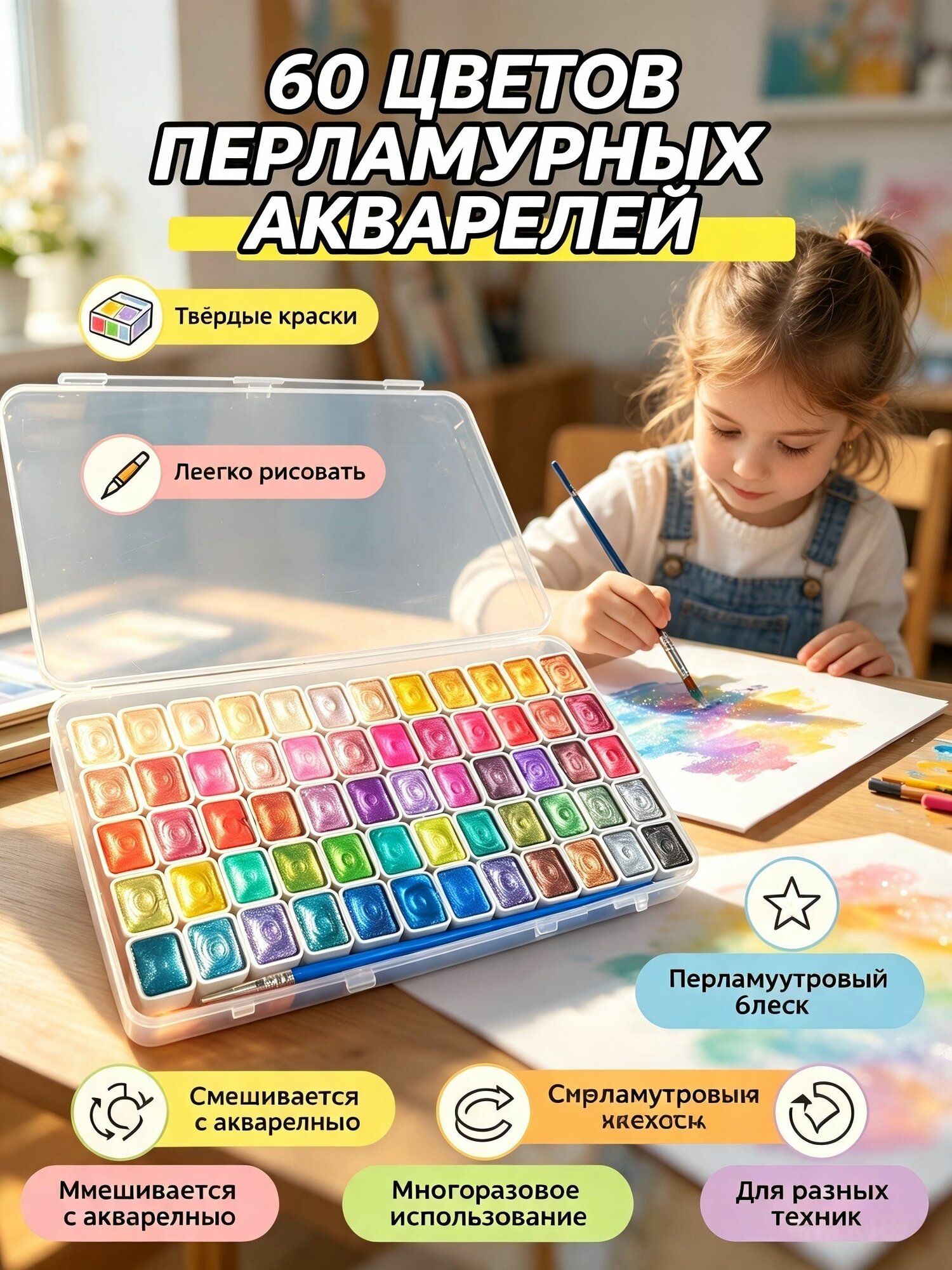 Краски акварельные 60 шт, 60 мл./ 142 г. для рисования художественный набор для творчества
