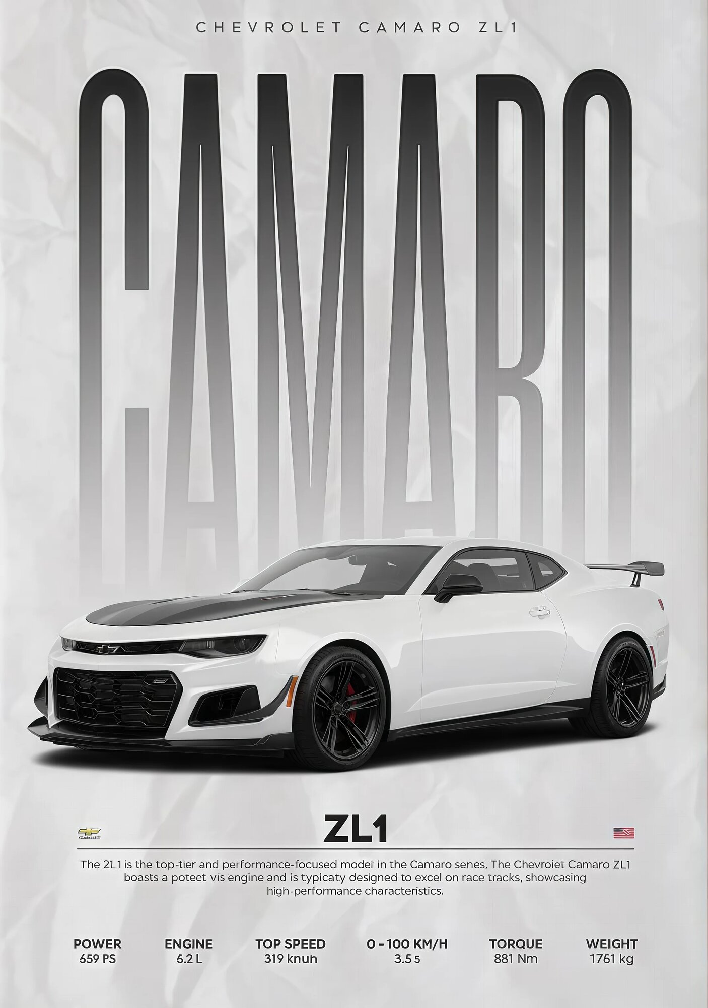Chevrolet Camaro ZL1, белый, 50x70 см, без рамки