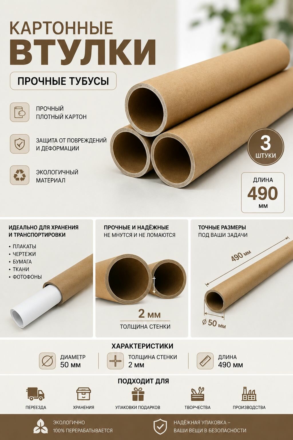 Втулка картонная прочная / тубус 490мм