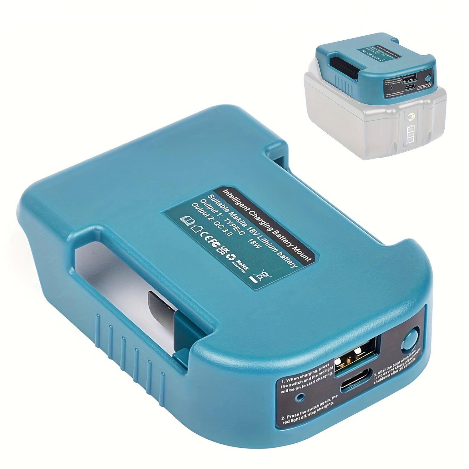 Поясной зажим с USB-зарядным адаптером, синий, двойной выход USB/QC 3.0 и Type-C 18W быстрая зарядка, для 18V литиевых аккумуляторов