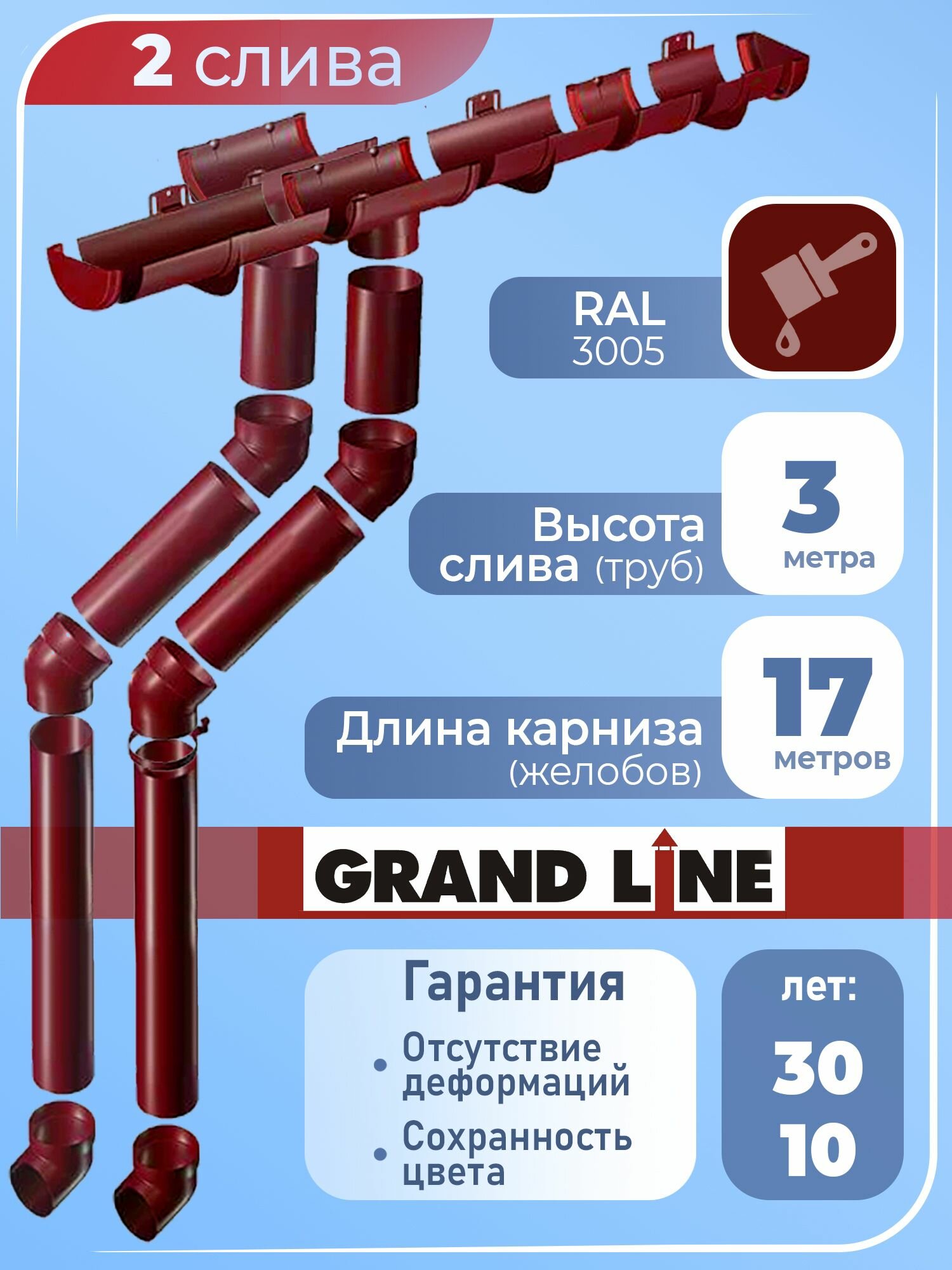 Водосточная система Grand Line 17 м ( 1,5 м+1 м ) бордо RAL 3005 2 слива , водосток для крыши пластиковый Гранд Лайн ( 120 мм / 90 мм ) комплект элементов ПВХ