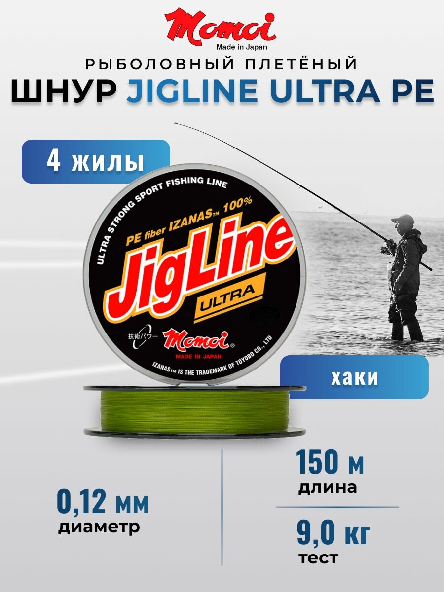 Плетеный шнур для рыбалки 4 жильный Momoi Jigline Ultra PE 0,12 мм, 9,0 кг, 150 м, Леска плетенка для Спиннинга Фидер, хаки 1 штука