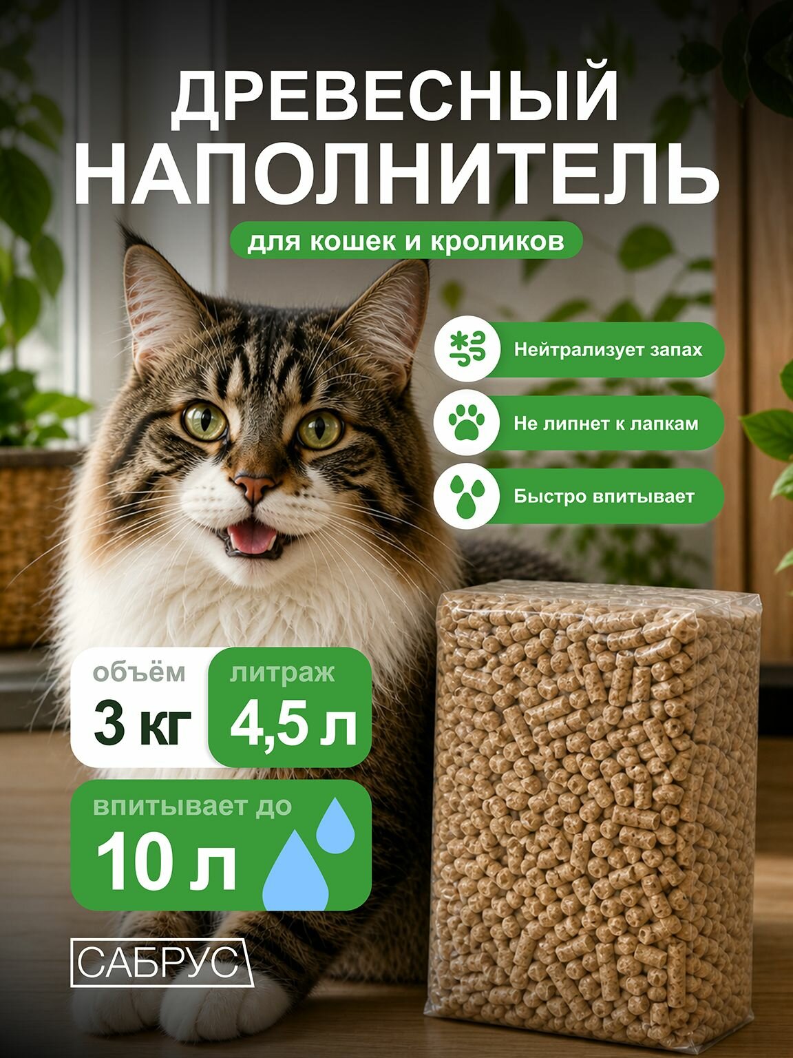 Древесный наполнитель для кошек и кроликов 3кг