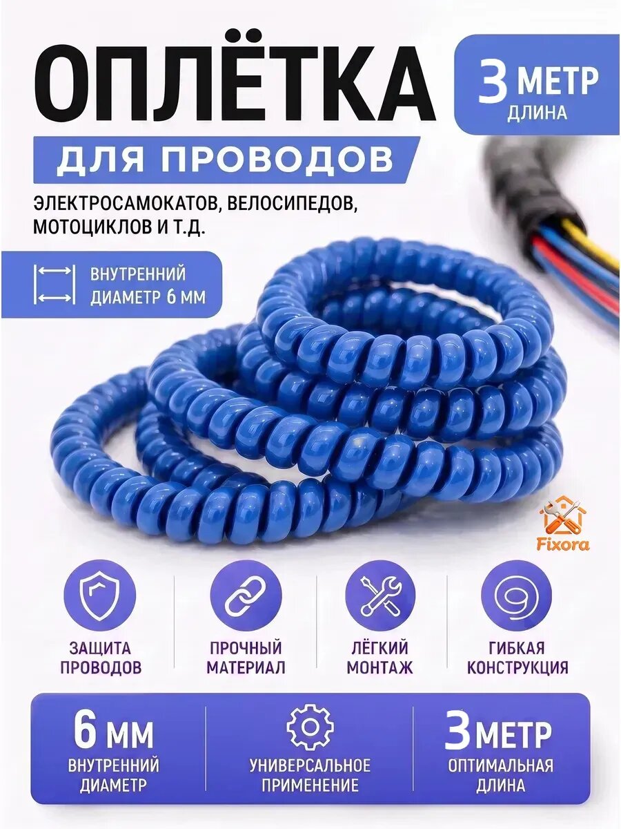 Оплётка кабельная для проводов электросамоката, синяя 3 м.