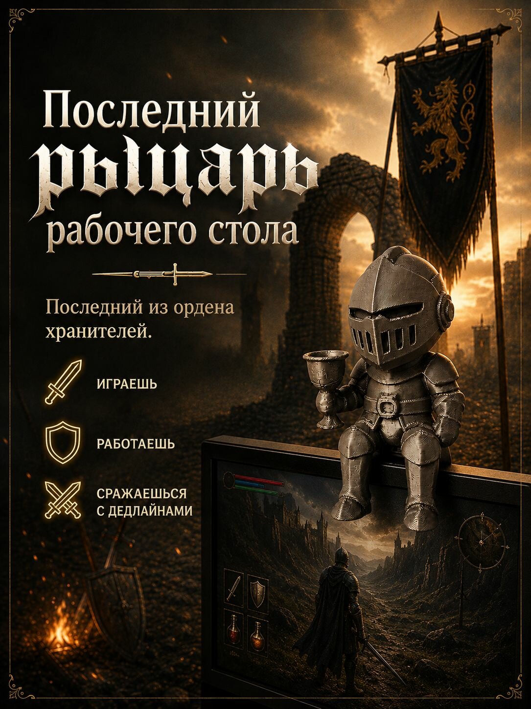 Фигурка-статуэтка рыцаря с кубком на монитор ПК и полку