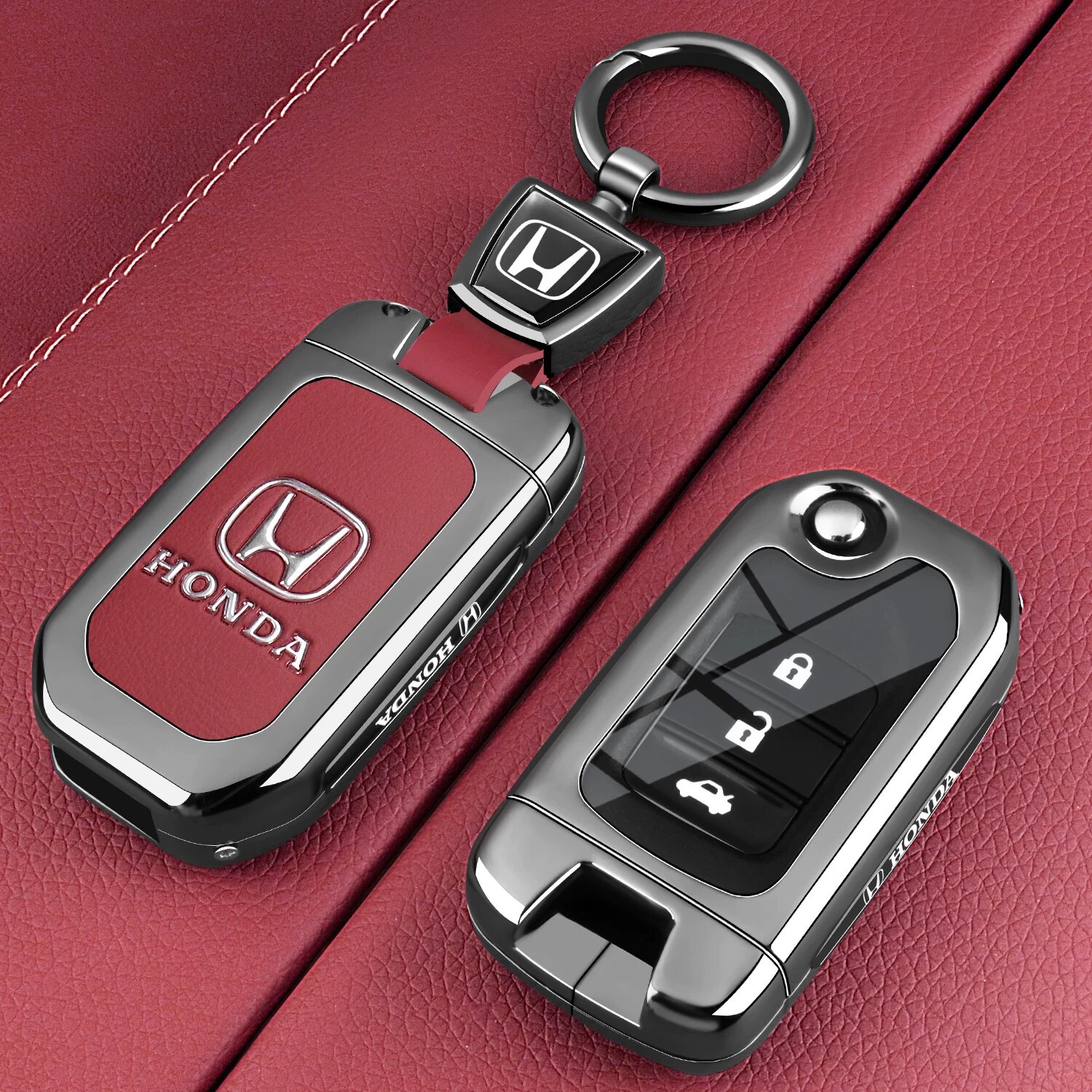 Премиум чехол для ключа Honda Civic 11-го поколения с кольцевым креплением - Красный для моделей 2019-2025 гг.