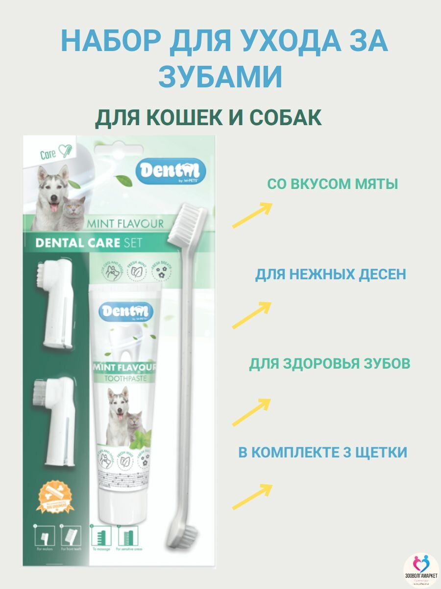 Набор для ухода за зубами собак M-Pets Mint Flavour Toothpaste (Паста со вкусом мяты100мл, зубная щетка двухсторонняя, 2 щетки-напальчник)