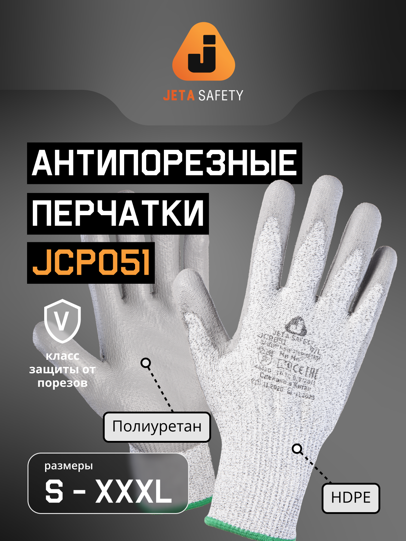 Перчатки JCP051 для защиты от порезов (5 класс) с полиуретановым покрытием