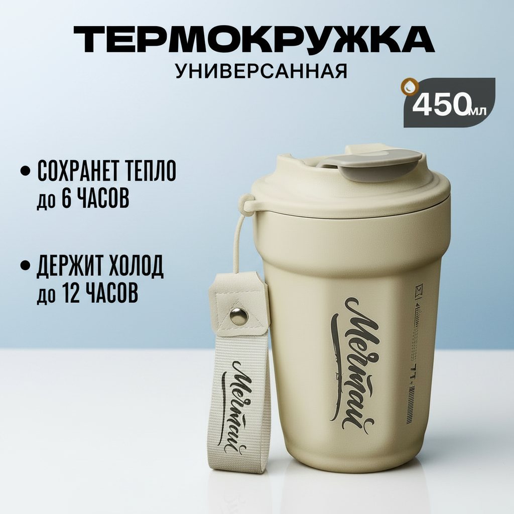 Дорожная термокружка 0.35 л белая нержавейка для горячего