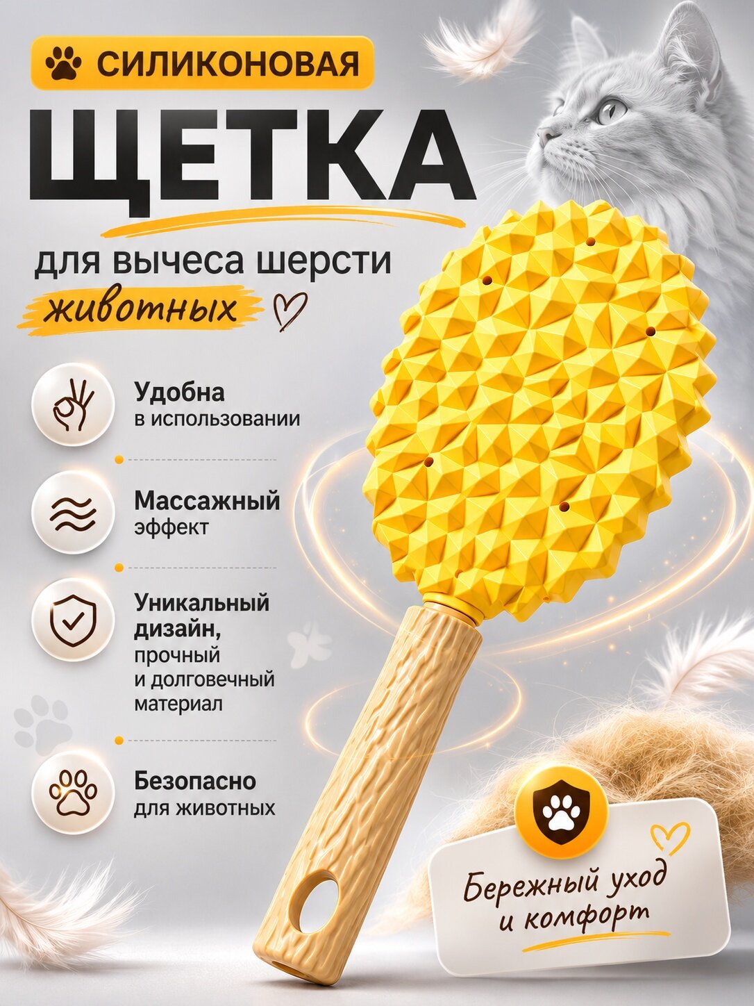 Массажная щетка для удаления шерсти, силиконовая с ручкой для кошек и собак, расческа, пуходерка (желтый)