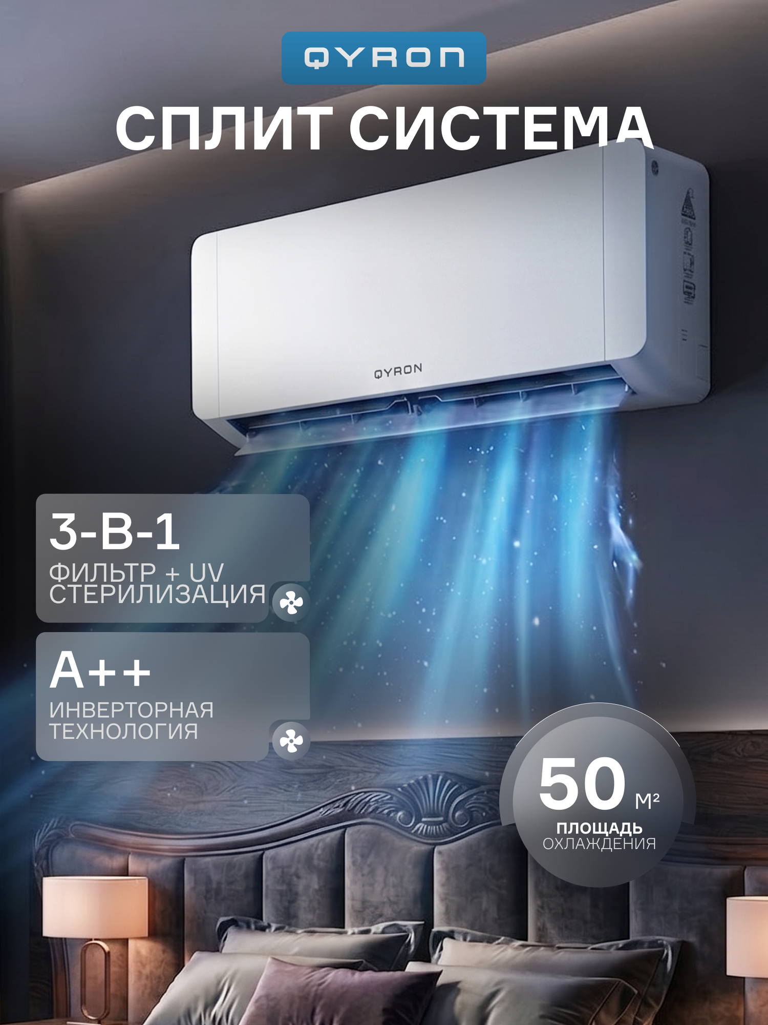 Кондиционер QYRON SA601 18K сплит-система, управление со смартфона, площадь охлаждения/обогрева 50 м2, мощность 18000 BTU, DC inverter и энергоэффективность A++, Фильтр 3-в-1 и UV-стерилизация, 3D обдув
