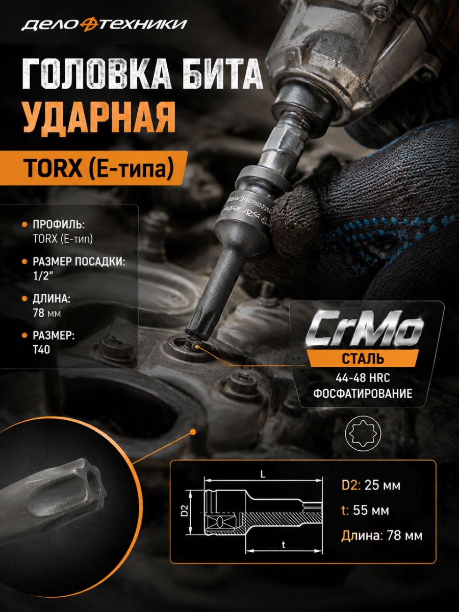 Ударная головка-бита Torx T40, посадочный квадрат 1/2 дюйма, сталь Cr-Mo, для автосервиса и спецтехники, Rockforce