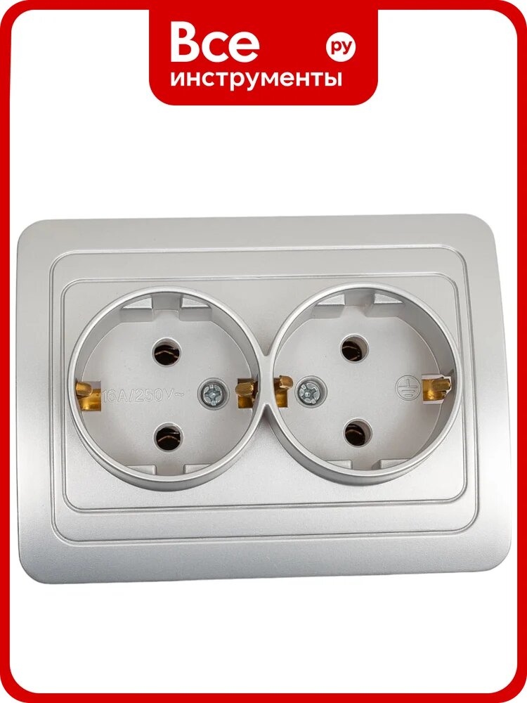 Розетка Smartbuy 2-местная с заземлением 16А серебро, Марс SBE-02s-16-S2-Z-c