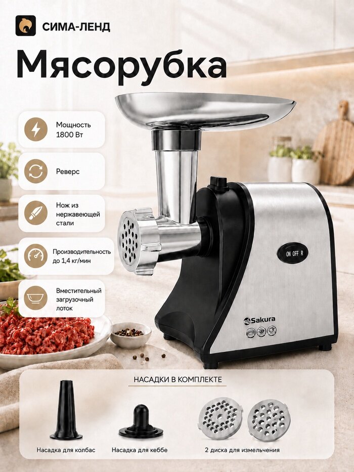 Мясорубка электрическая Sakura SA-6433, 1800 Вт, реверс, насадки для кеббе и колбас