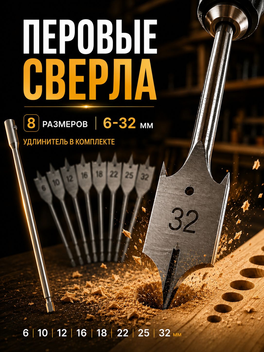 Набор перьевых сверл по дереву 6-32 мм, с удлинителем