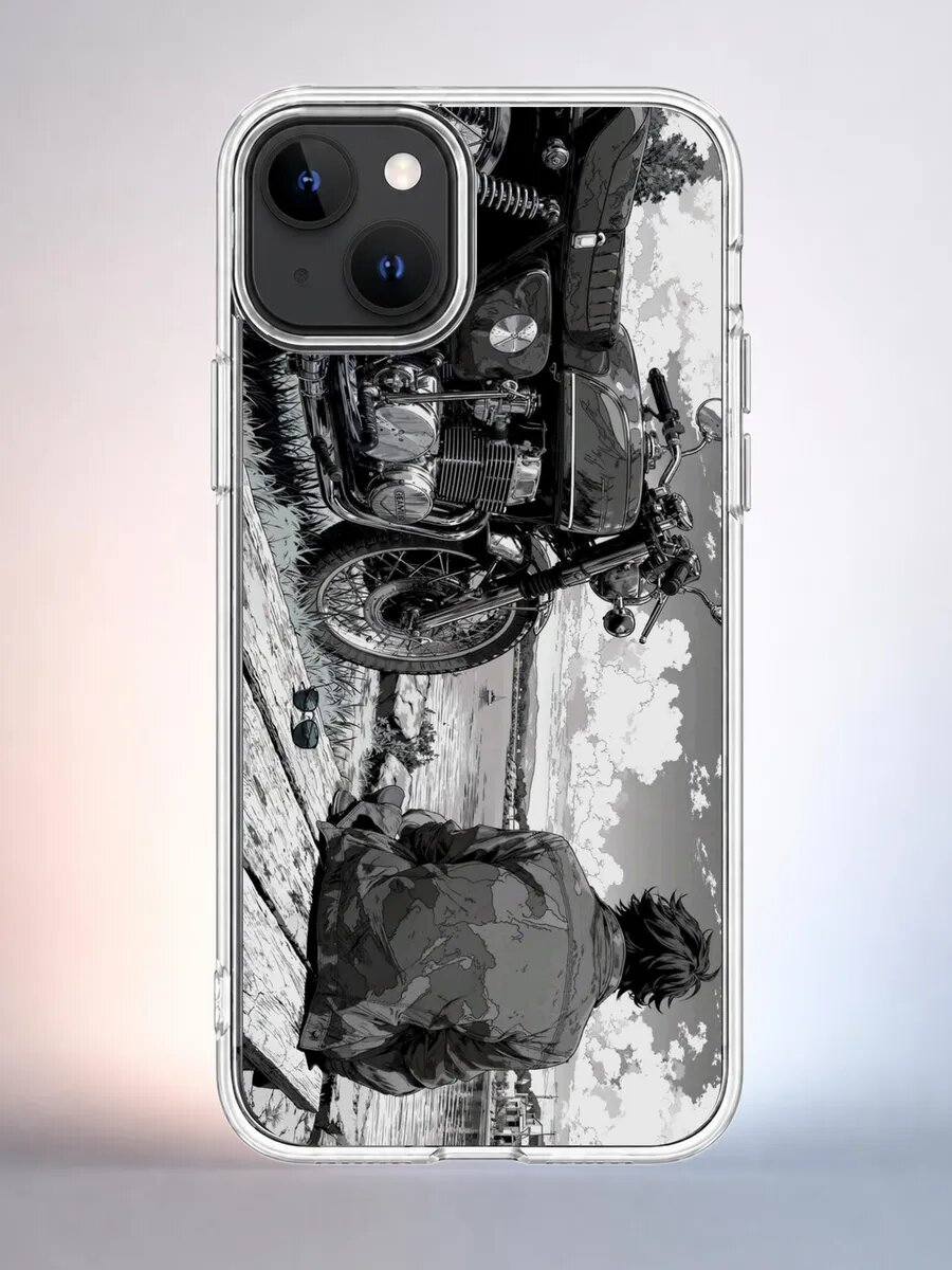 Чехол iPhone 13 мотоцикл в горах силиконовый