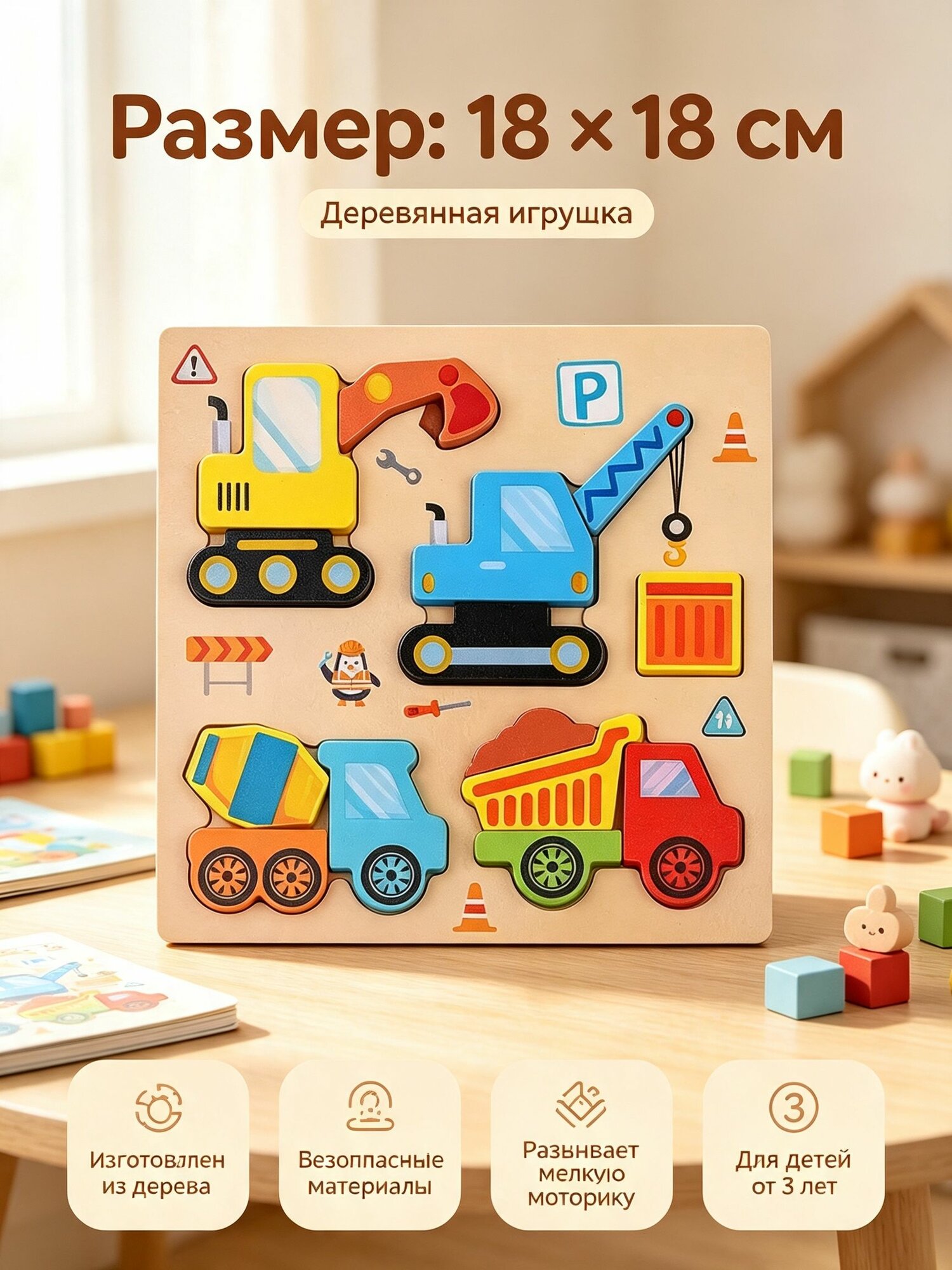 Кубики_для_малышей_развивающие/Пазлы вкладыши из дерева 1818 см "Спецтехника", качественная рамка/вкладыши_деревянные_для малышей