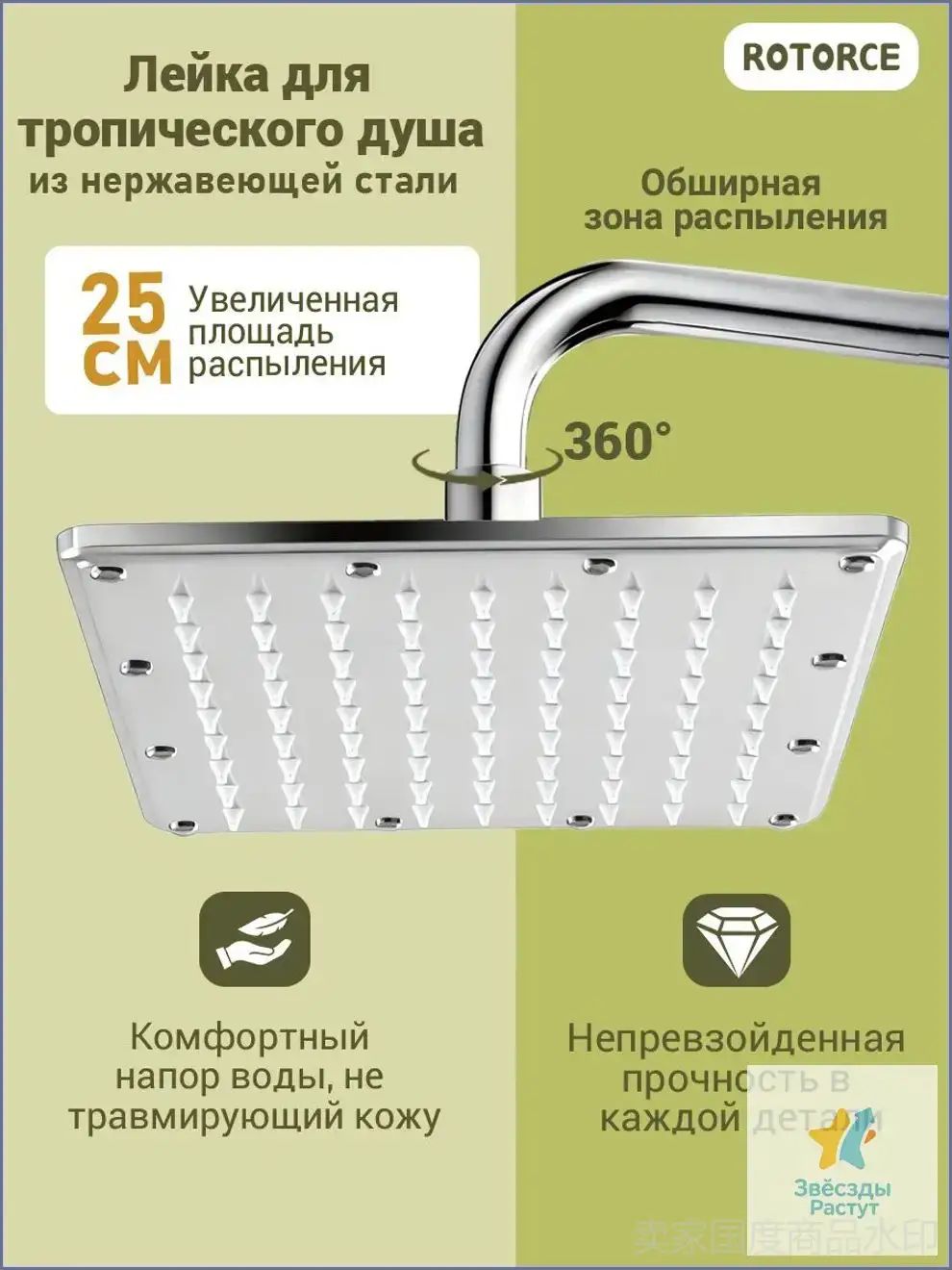 Тропический душ лейка верхняя из нержавеющей стали, 25 см, лейка для тропического душа верхняя с фильтрующей сеткой, разборная конструкция, квадратная, ROTORCE