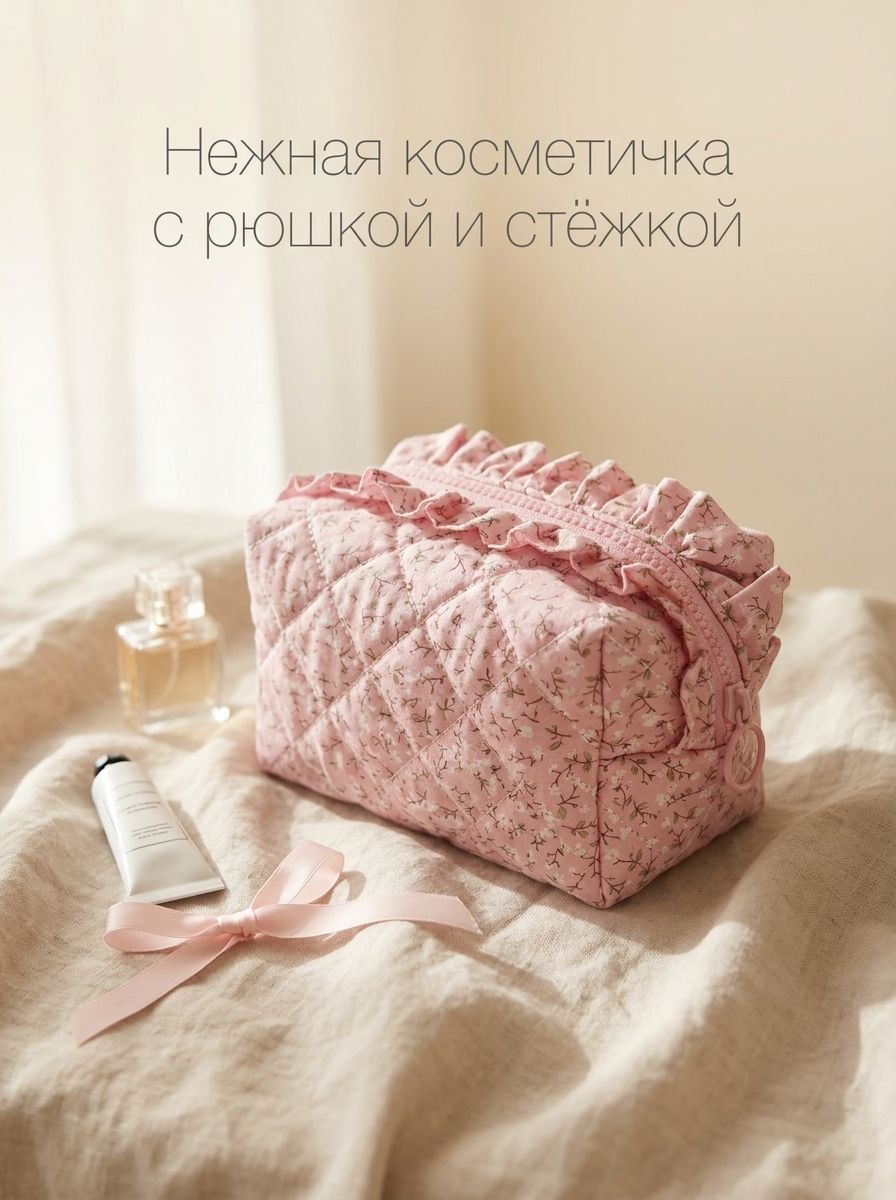 Косметичка женская стеганая с рюшами, мягкая хлопковая, дорожная, нежно-розовая