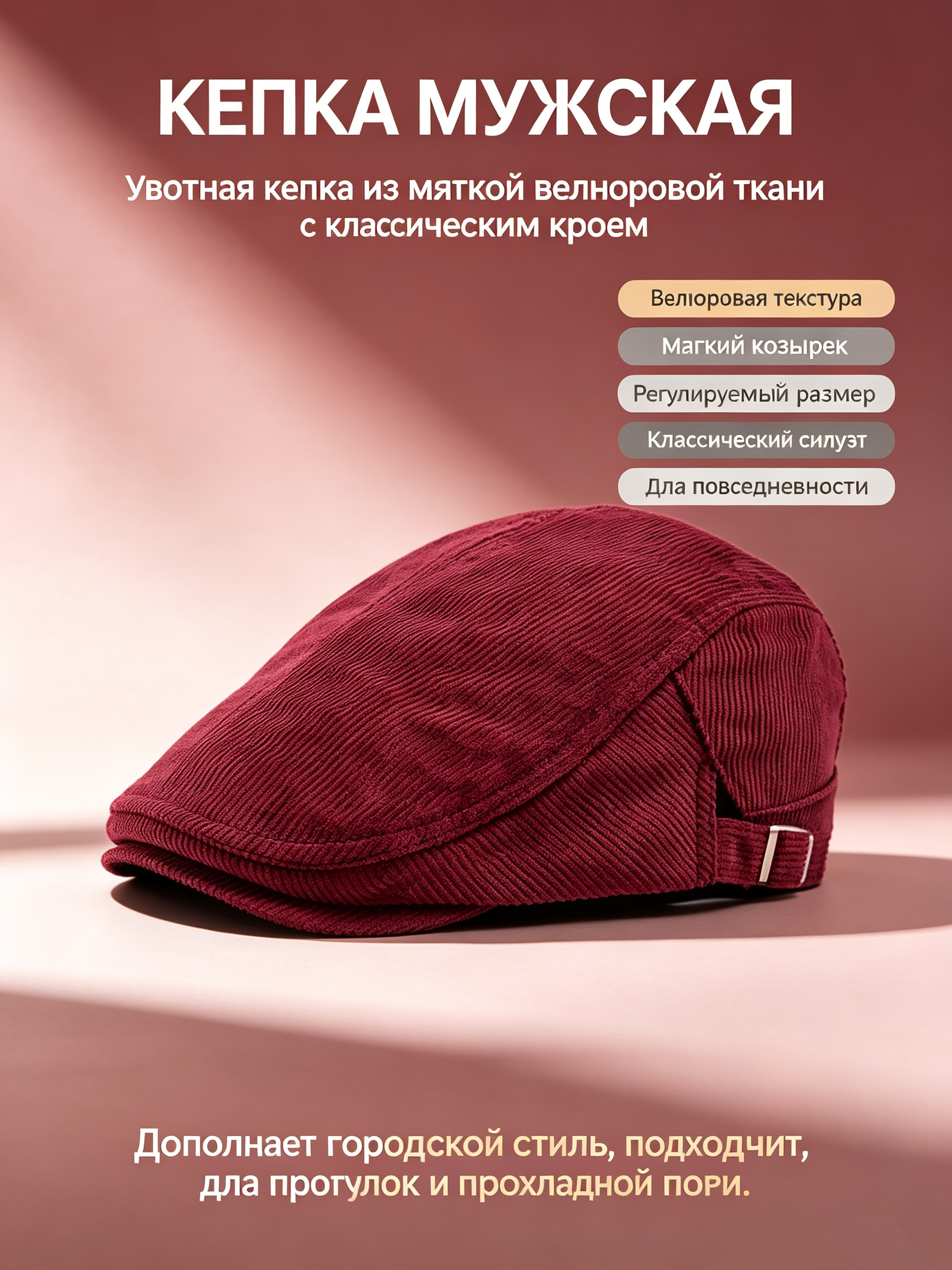 Кепка мужская, велюровая, мягкий козырек, регулируемый размер, классический силуэт, для повседневности, подарок