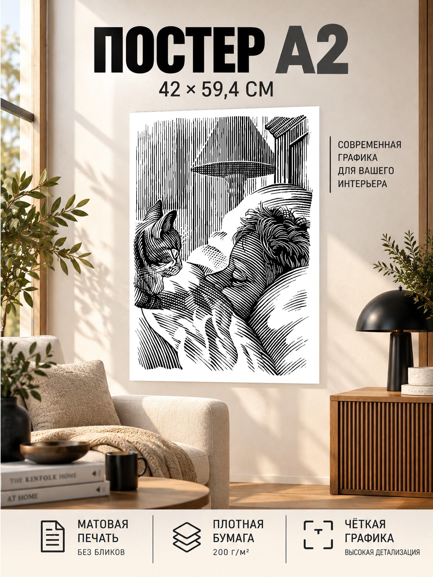 Постер Спящий человек и кот в постели , гравюрная графика, А2 (42 59 см)